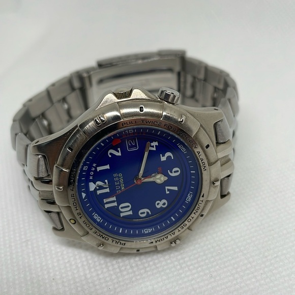 Guess | Accessories | Vintage Mens Silver Guess Indiglo Blue Face Watch ...